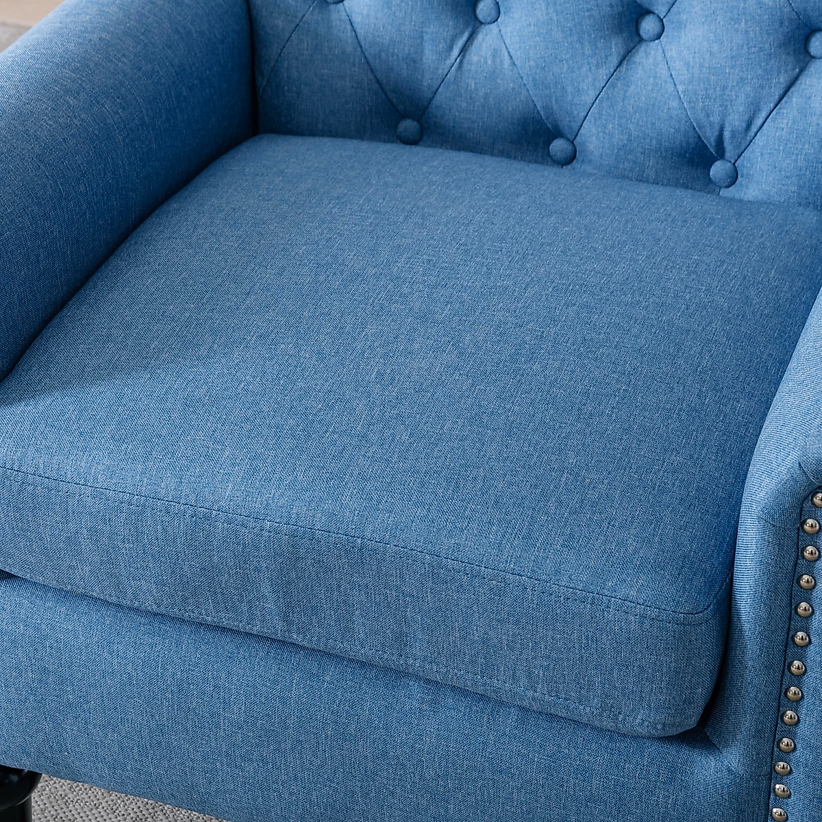 YISH W117081979 Modern Linen Accent Tufted Arm Chair with Thick Cushion and Wood Frame, Comfy Single Sofa with Armrest Backrest for Reading Bedroom Office Club, Blue