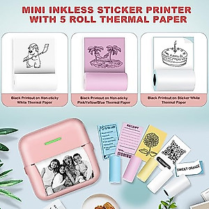 Mini Pocket Printer, Bluetooth Inkless Thermal Printer with 5 Rolls Printing Paper for Android or iOS APP, Portable Sticker Printer Gift for Kids, Friends, Receipt Printer for Photo Journal Notes Memo