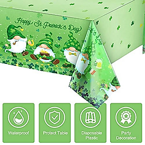 Tegeme 3 Pieces Happy St. Patrick's Day Tablecloths, Gnome Shamrock Pattern Table Covers Green Disposable Plastic Rectangular Table Cloth for Dinning Room Kitchen Party Decor, 108 x 54 Inches