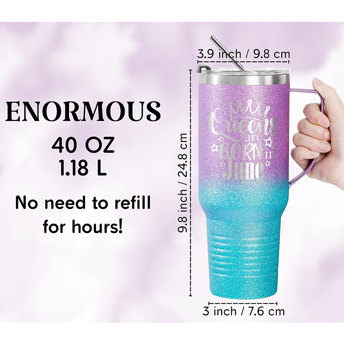Onebttl Funny Birthday Gifts for Women, Her, Birthday Queen, 40 oz Tumbler with Handle, Glittery Purple and Teal Ombre, Queens are Born in July