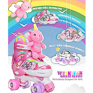 Unicorn Doll Kids Toddler Roller Skates for Girls,WESKIFAN Quad Skating Shoes with Shiny Light up Wheels&Adjustable Sizes Beginners rollerskates for Birthday Xmas Gifts,Patines para Niñas Niños