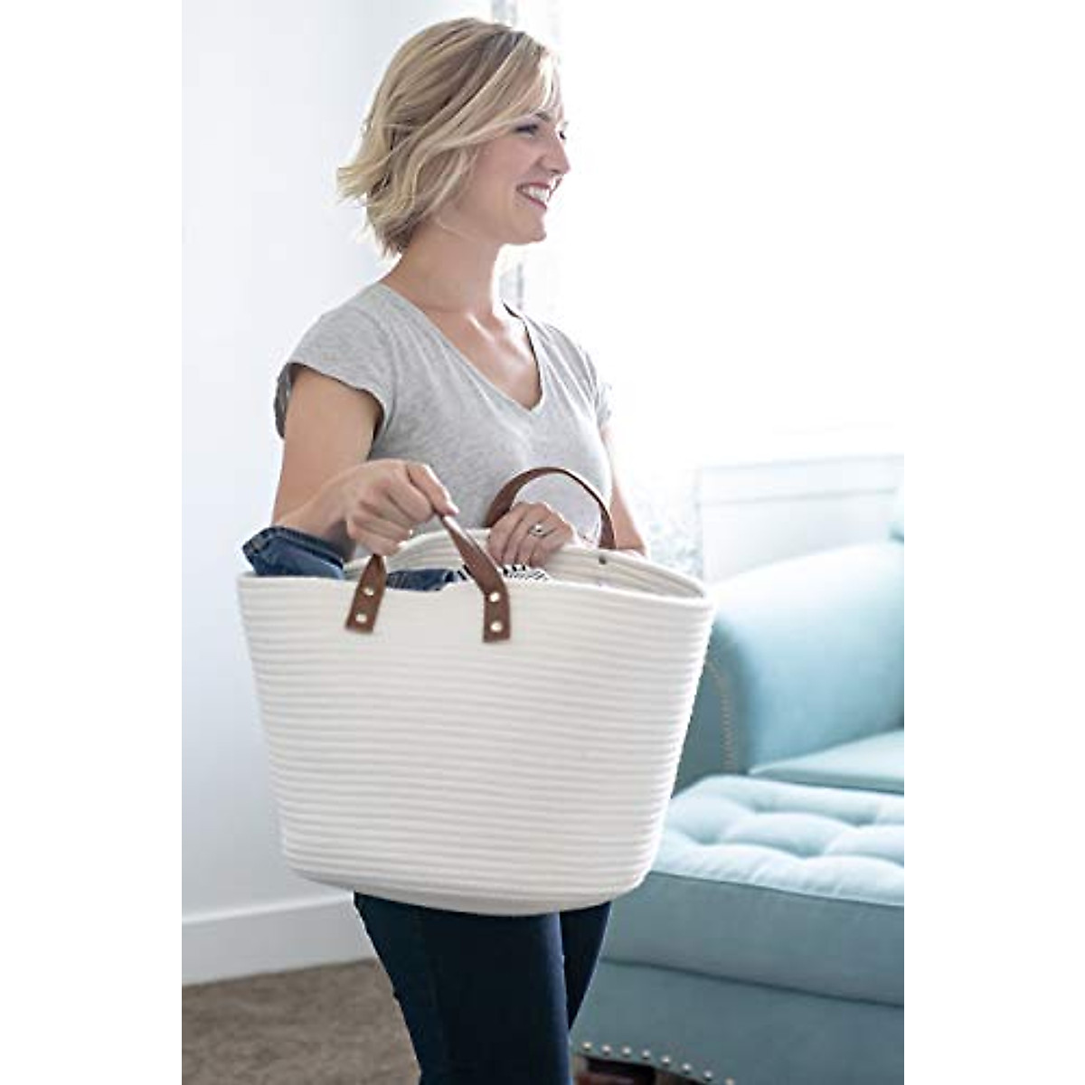 Sweetzer & Orange Large Woven Cotton Rope Storage Basket (Vegan Handles) - Blanket Storage Baskets, Laundry Basket, Toy Storage, Nursery Hamper - Decorative Off White Basket for Living Room