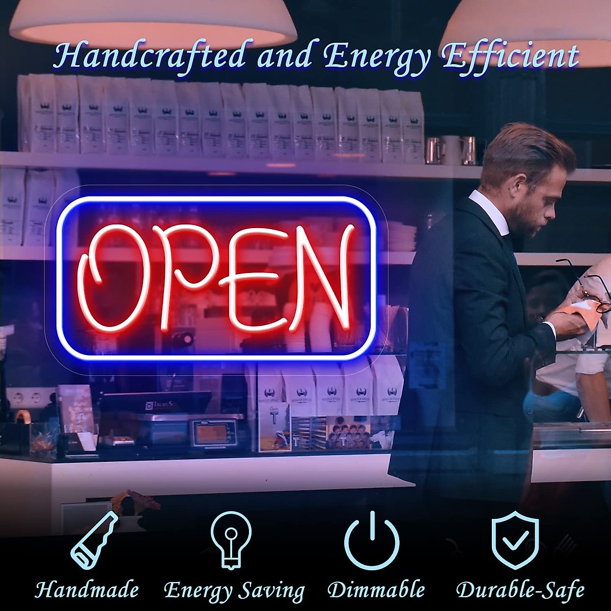 Neon Open Sign, Open Signs for Business, 16.5"x 8.4" Open Sign Led, Open Signs for Business Window With Adjustable Brightness, Open Neon Sign, Powered by USB with ON/OFF Switch