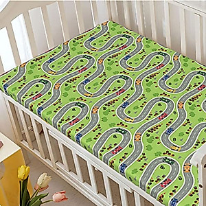 Race Car Themed Fitted Crib Sheet,Standard Crib Mattress Fitted Sheet Ultra Soft Material-Great for Boy or Girl Room or Nursery,28“ x52“,Green Multicolor
