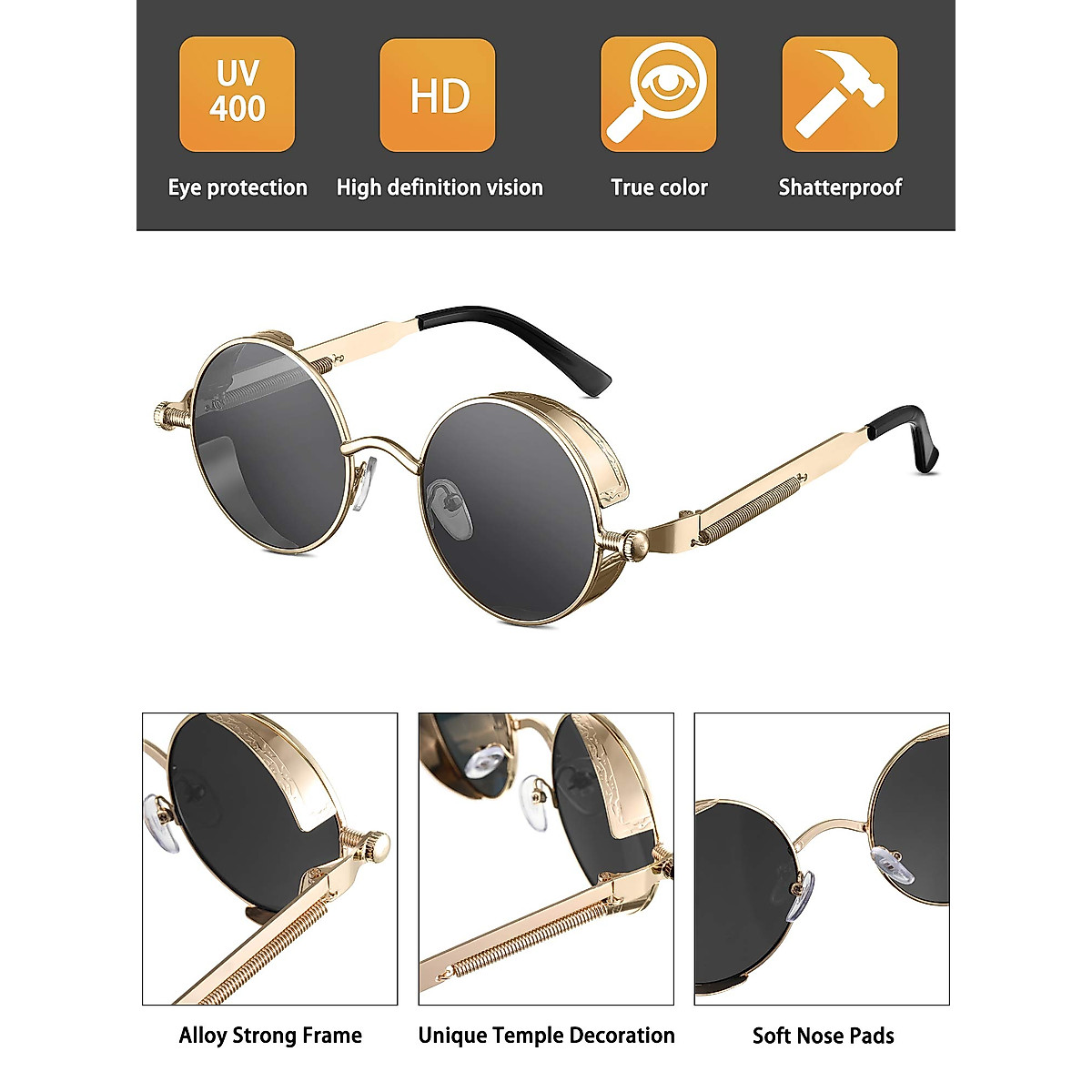 Weewooday 4 Pieces Retro Round Steampunk Sunglasses Vintage Hippie Style Circle Lens Metal Frame Eyewear for Men Women (Red, Black, Gray Lens)