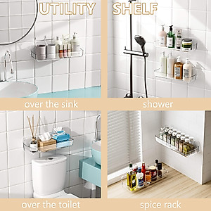 UDD Acrylic Shower Caddy Adhesive Shelf, 2pc Plastic Shower Organizer with Self Adhesive Tape, No Drilling Clear Wall Mount Shower Shelves for Bathroom Kitchen, Clear