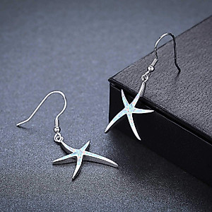 Starfish Earrings,925 Sterling Silver with White Opal Fish Hoops Earings,Nautical Hawaiian Sea Beach Earrings,Starfish Jewelry for Women Starfish Lovers