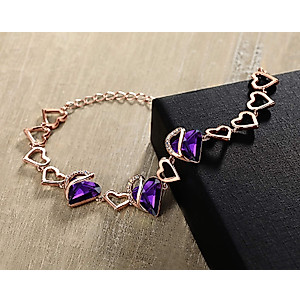 Leafael 18K Rose Gold Plated Love Heart Link Bracelet with Dark Amethyst Pink Healing Stone Crystal for Creativity, Jewelry Gifts for Women, 7" Chain + 2" Extender