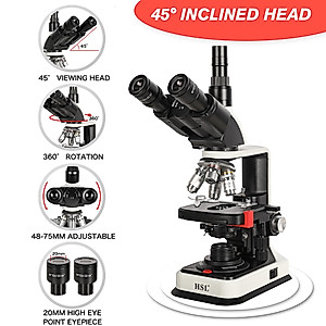 HSL Compound Trinocular Microscope Professional,40x-2500x Biological Microscopes for Adults Laboratory,Micro Scope microscopepio 1000x 400X LED WF10x and WF25x eyepieces Abbe Condenser
