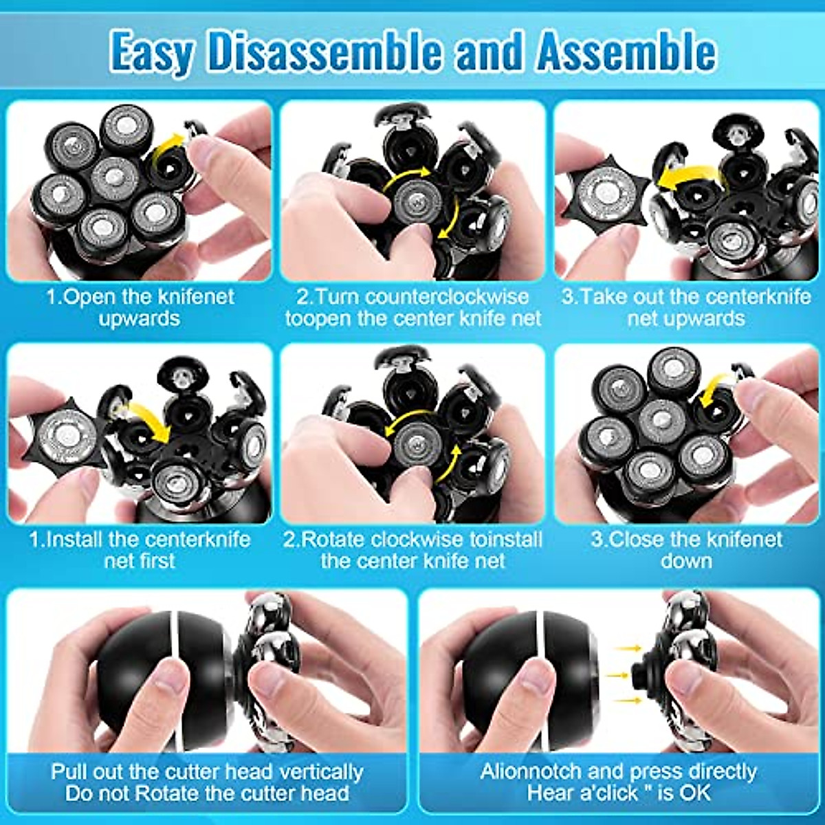 Head Shavers for Bald Men, Wjiang 6 in 1 Electric Razor Mens Shaver Wet Dry Cordless Electric Skull Shavers 7D Floating Rechargeable Bald Head Shaver Back Shaver Head Shaver for Men Father's Day gifts