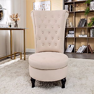 Container Furniture Direct Royal High-Back Velvet Accent Chair for Vanity with Storage and Luxurious Upholstery, Retro Design and Versatile Usage for Living Room, Bedroom, Lounge and Office, Ivory