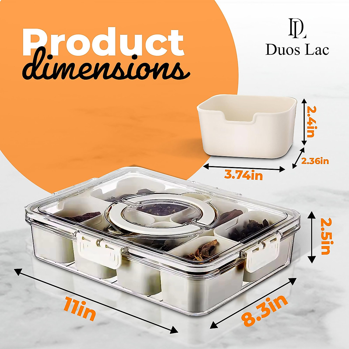 Divided Serving Tray with Lid & Handle, Portable Snackle Box, Storage Organizer - Charcuterie Container, with 8 Compartments & 4 Forks for Fruits, Veggies, Nuts, Snacks, Candy for Travel and Picnic