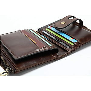 NIUCUNZH Genuine Leather Soft Bifold Rfid Wallets for Men Coin Purse Keychain Snap Zip Wallet with Chain Coffee