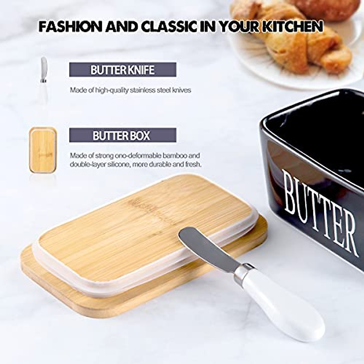 Hasense Butter Dish with Bamboo Lid and Knife, Large Butter Keeper Container for Counter, Airtight Butter Holder with Cover for Kitchen,Black