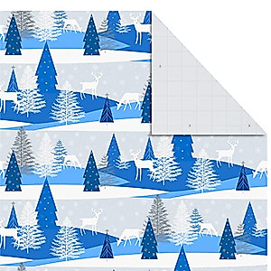 Hallmark Flat Christmas Wrapping Paper Sheets with Cutlines on Reverse and Gift Tag Seals (12 Folded Sheets, 16 Stickers) Blue and Silver Snowflakes, Deer Forest Scene, Blue Tartan Plaid