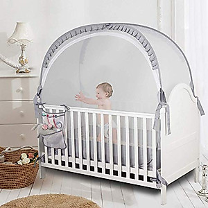 ZXPLO Baby Safety Crib Tent Infant Pop up Mosquito Net Nursery Bed Canopy Netting Cover - Keep Baby from Climbing Out with Hanging Diaper Storage Bag (Gray)