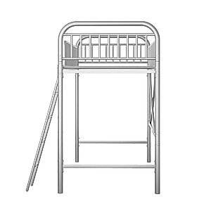 GINGVAT Twin Size Metal Loft Bed with Ladders/Full-Length Guardrails, Modern Style Study/Play Area, No Box Spring Needed, Silver