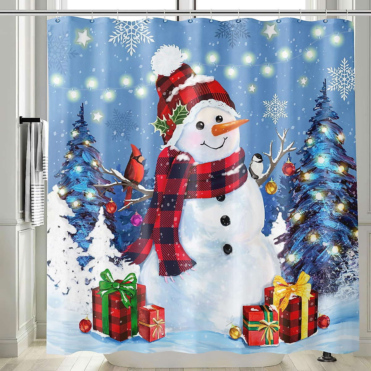 BIVINAR Christmas Shower Curtain, White Winter Forest Snowfall Bathroom Shower Curtain, Natural Xmas Pine Tree Fabric Bathroom Curtain Decor, 72 × 72 Inch