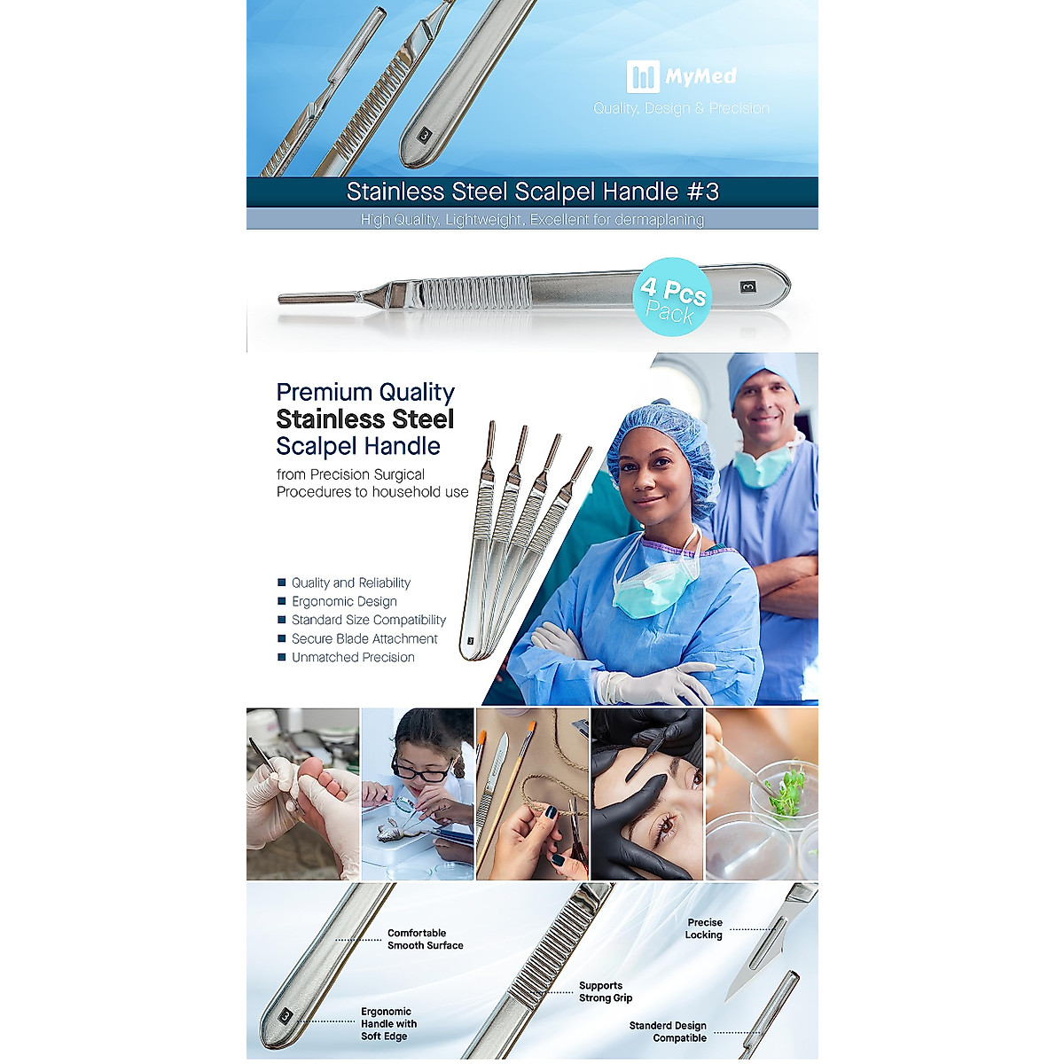 Pack of 4 Scalpel Handle # 3, Premium Quality, Rust Proof Stainless Steel Scalpel Knife Handle, Lightweight and Durable,Fits Surgical Blades No. 10, 11, 12, 13, 14 and 15