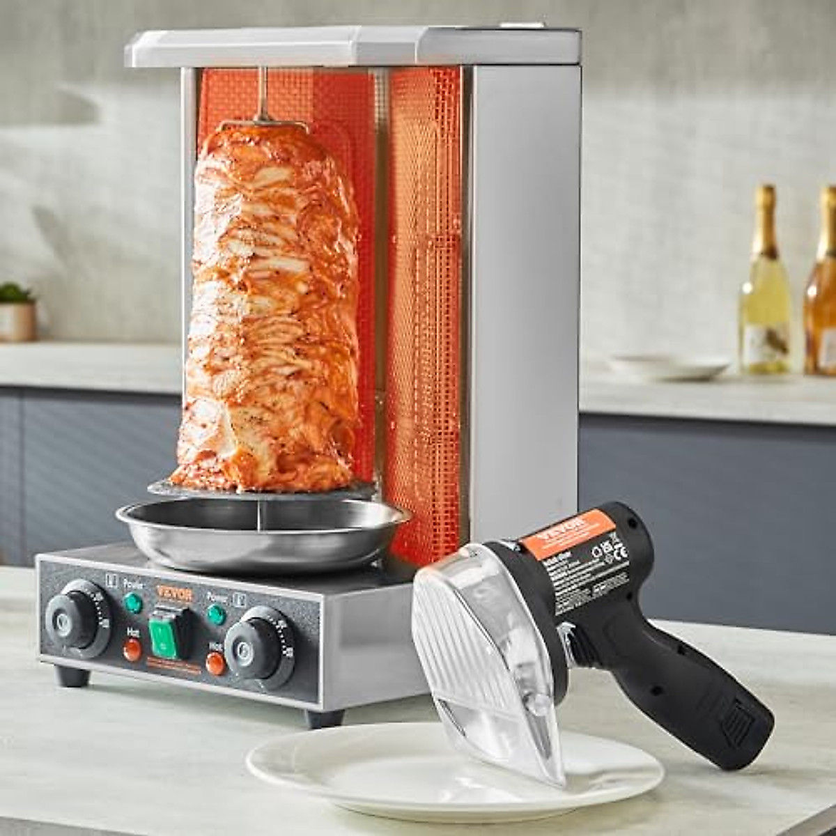 VEVOR Electric Shawarma Knife, 80W Cordless Battery Professional Turkish Knife, Commercial Stainless Steel Gyro Cutter, Doner Kebab Meat Slicer with 2 Blades, Φ4/100mm, 0-8mm Adjustable Thickness