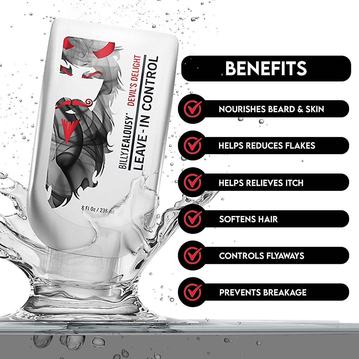 Billy Jealousy Devils Delight Beard Control Leave in Beard Conditioner for Men with Aloe Leaf Juice, Hops Extract & Witch Hazel, Softens Hair and Skin, Light Hold with Matte Finish, 8 Fl Oz