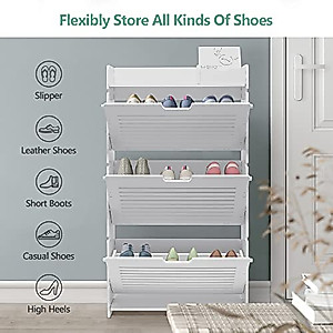 foriy Shoe Cabinet for Entryway Slim 7" Thick Hidden Shoe Storage with 3 Flip Drawers Free Standing Narrow Shoe Cabinet Rack Organizer with Pull-Down Flip Doors Adjustable Shelves Louvered Doors White
