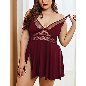 XAKALAKA Women's Plus Size Lingerie Babydoll Front Slit Lace Mesh Chemise Sleepwear Wine XL