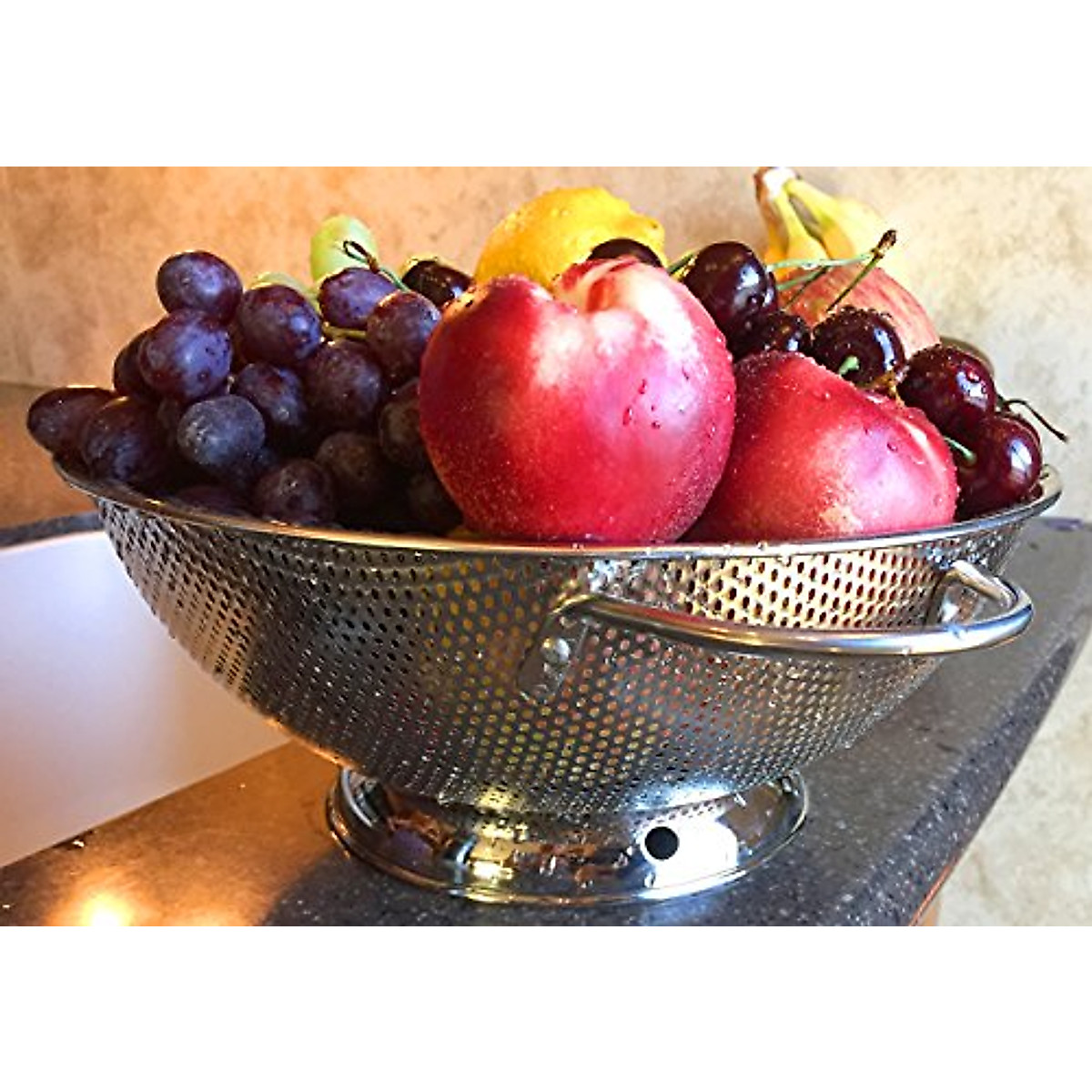 DLD Stainless Steel Micro-Perforated 5-Quart Colander - Professional Strainer with Heavy Duty Handles and Self-draining Solid Ring Base - Dishwasher Safe