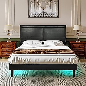 Origeture Queen Size Bed Frame with RGBW LED Lights Leather Headboard, Heavy-Duty Leather Upholstered Platform Bed with Thicker Wooden Slats Support, Noise-Free, Easy Assembly, Black