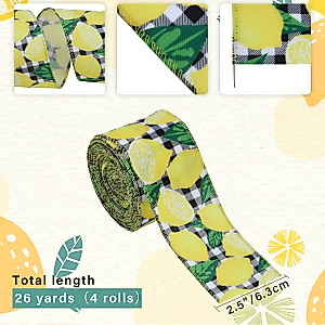 32 Yard Lemon Wired Edge Ribbon 4 Rolls 2.5 Inch Summer Burlap Ribbon Lemon Gingham Check Ribbon Decor for DIY Crafts, Gift Wrapping, Wreaths, Hair Bows, Home Decor