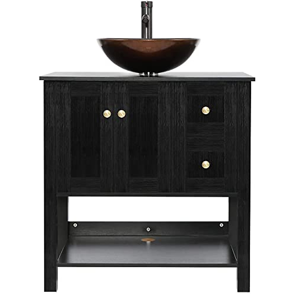 eclife 32" Bathroom Vanity Sink Combo Black Cabinet Vanity Brown Round Tempered Glass Vessel Sink & 1.5 GPM Water Save Faucet & Solid Brass Pop Up Drain (A09 V004)