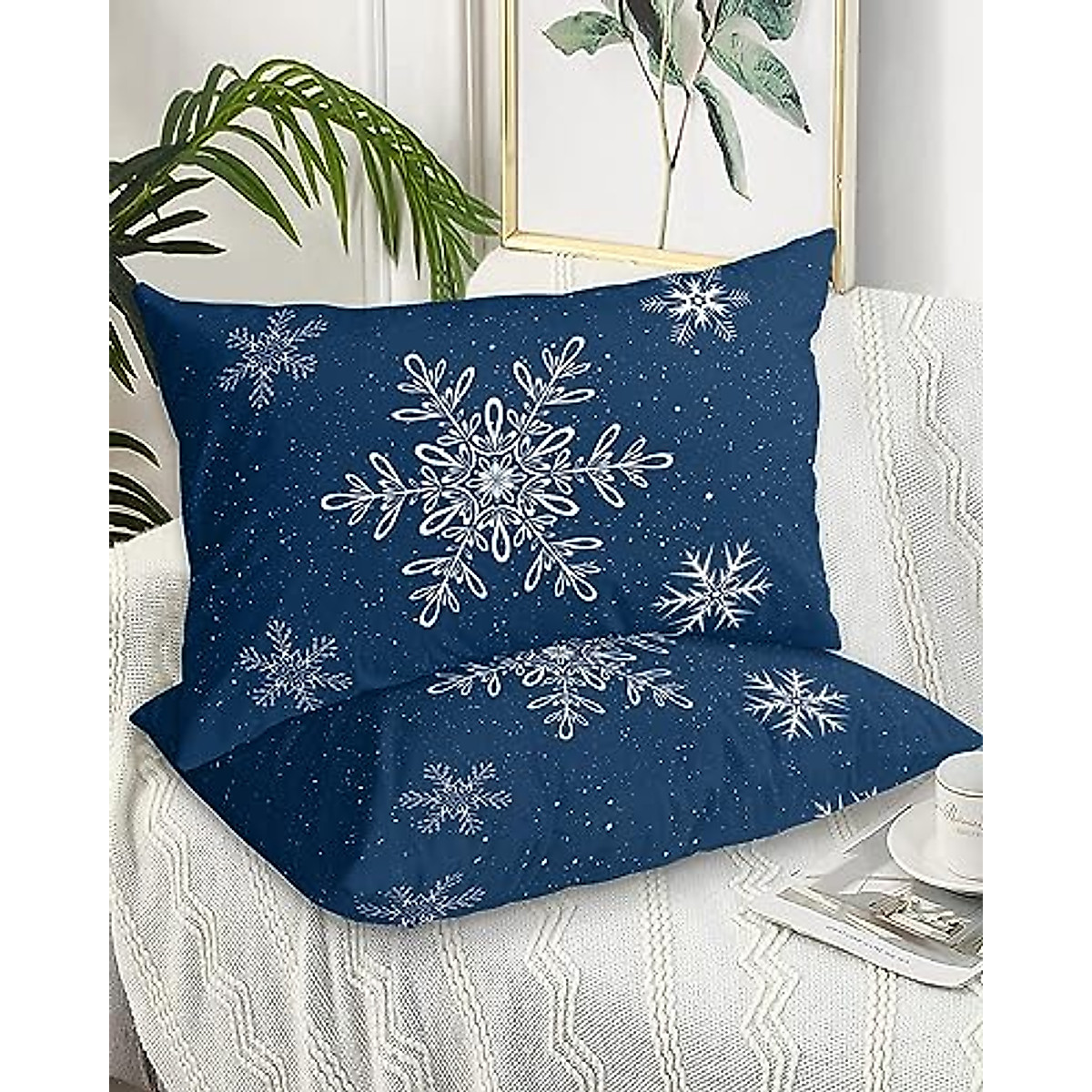 Edwiinsa White Snowflake Pillow Covers Standard Size Set of 2 Bed Pillow, Plush Soft Comfort for Hair/Skin Cooling Pillowcases with Envelop Closure 20x26 Inches Winter Christmas Holiday Blue
