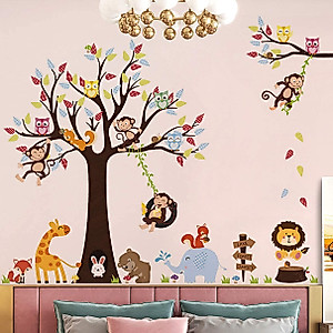 LiveGallery Cartoon Animals Wall Decals Removable Tree Wall Stickers DIY Owls Wall Art Cute Monkey Elephant Giraffe Wall Decal for Kids Boys Children Bedroom Playroom Nursery Rooms Decoration 39"x65"