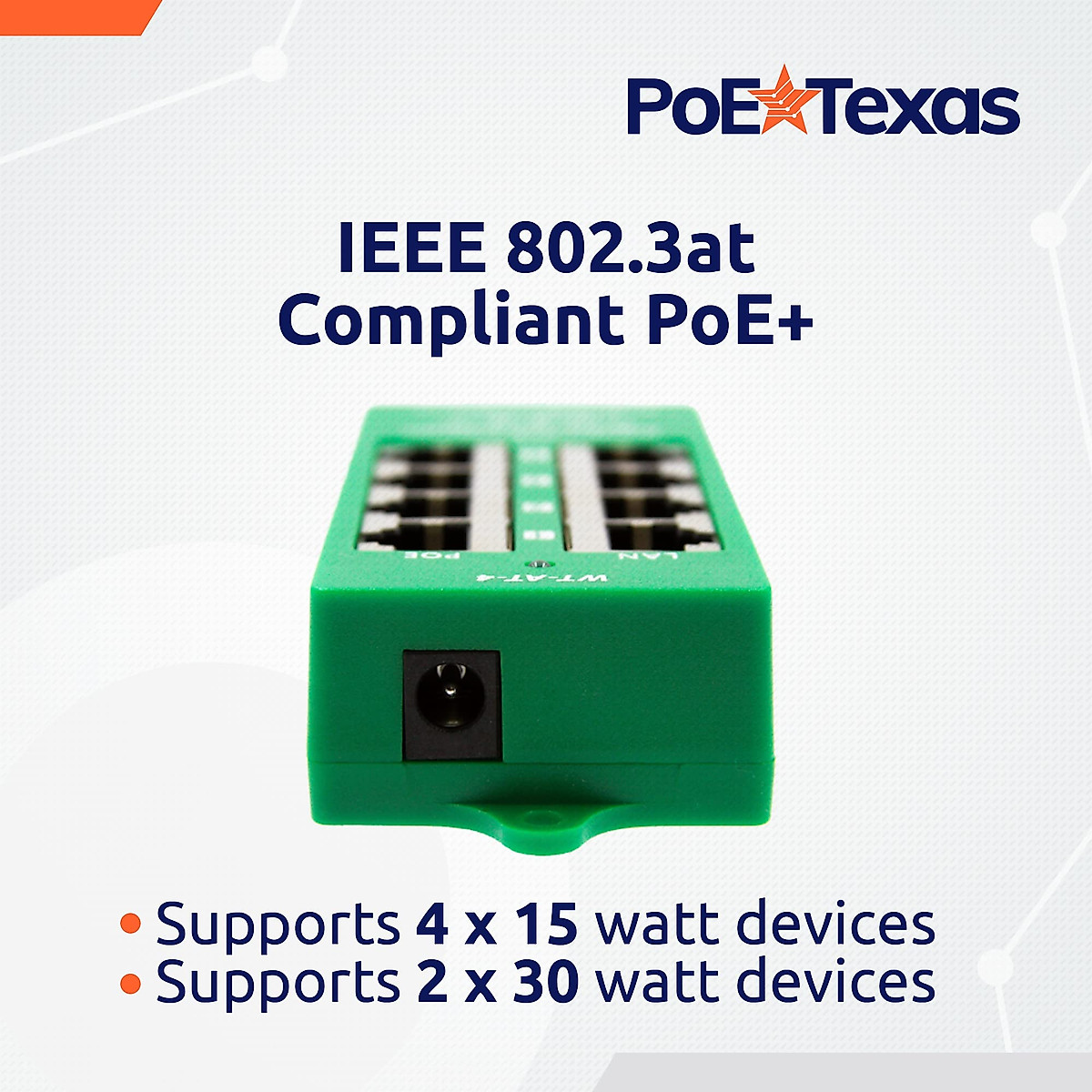 PoE Texas 4 Port PoE/PoE+ Injector with 48V 60W Power Supply - Gigabit Injector - Active Mode A Power Over Ethernet Multi Port PoE Adapter - Supports 4 PoE (802.3af or at) up to 60 watts