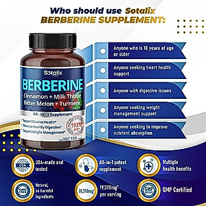 SOTALIX SUPPLEMENT Premium Berberine 19,370mg Plus Ceylon Cinnamon, Bitter Melon, Milk Thistle - Supports Immune System, Heart & Gastrointestinal Wellness - 150-day Supply (150 Count (Pack of 1))