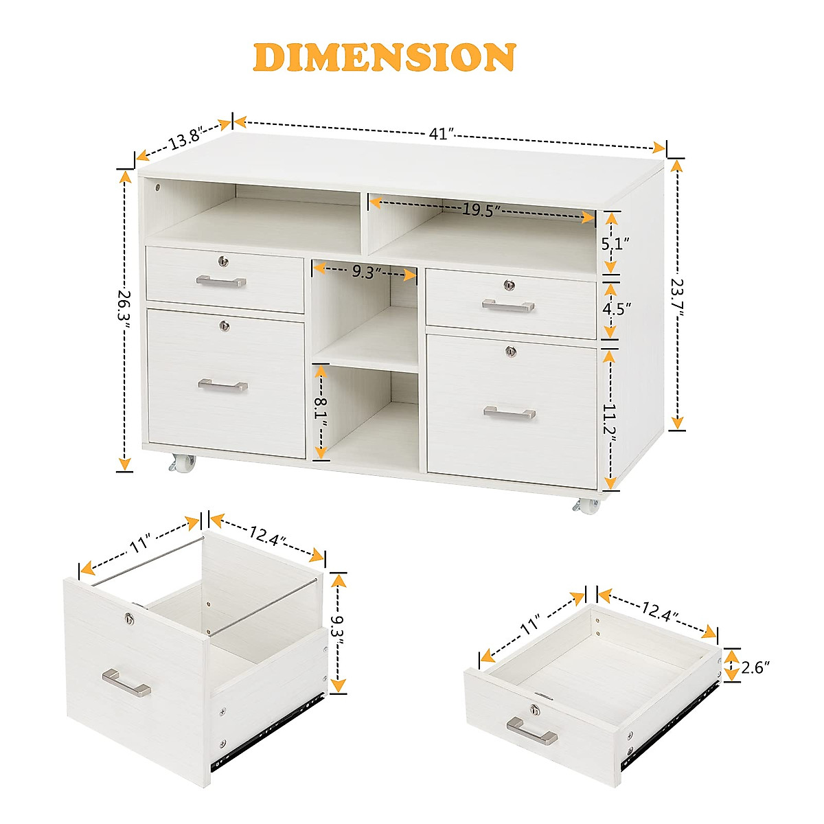 VINGLI Wood Mobile File Cabinet with 4 Drawers and Shelves, Printer Stand with Open Storage, Lockable Lateral Filing Cabinet for Home Office, Assembly Required, Light Beige Close to White