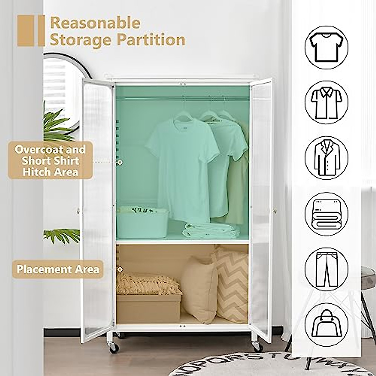 Giantex Closet Wardrobe, Portable Closet with Rollers, Mobile Metal Armoire Closet with Hanging Rod, Adjustable Shelf, Rolling Closet Storage Accent Cabinet, Armoire Clothes Organizer for Bedroom