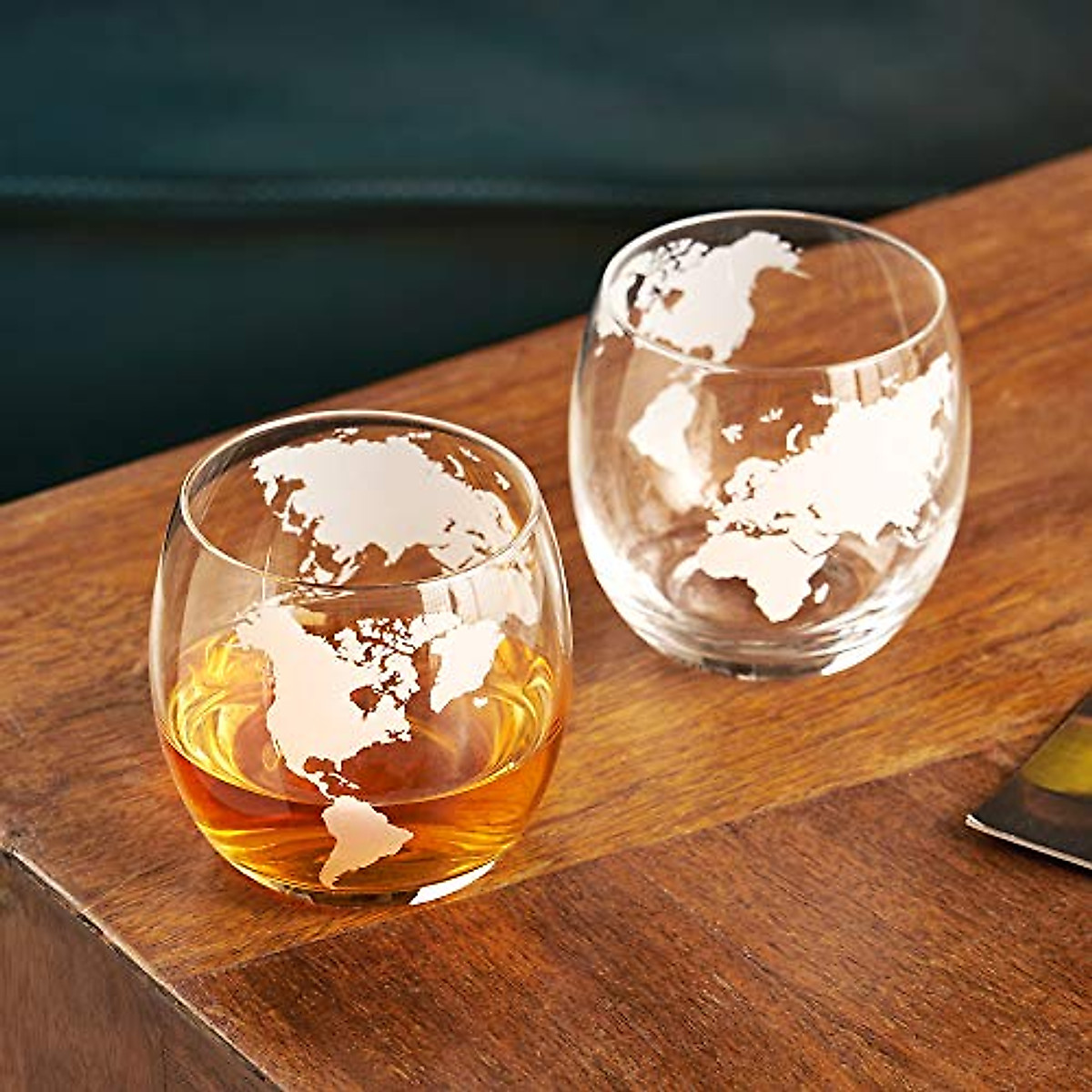 Viski Globe Glass Whiskey Tumblers, Etched Glass Whiskey Enthusiast Gift and Glassware Accessory, 12 oz, Set of 2