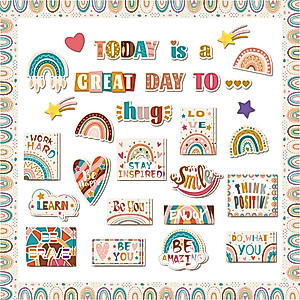Today is A Great Day Bulletin Board Set Boho Rainbow Bulletin Board Borders Heart Star Bohemian Rainbow Cutouts with Glue Points for Classroom School Office Home Wall Decoration