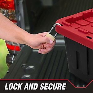 DqOasd 27 Gallon Plastic Storage Bin Tote Organizing Container With Durable Lid and Secure Latching Buckles, Stackable and Nestable Snap Lid Plastic Storage Bin, 1 Pack, Black Base/Red Lid