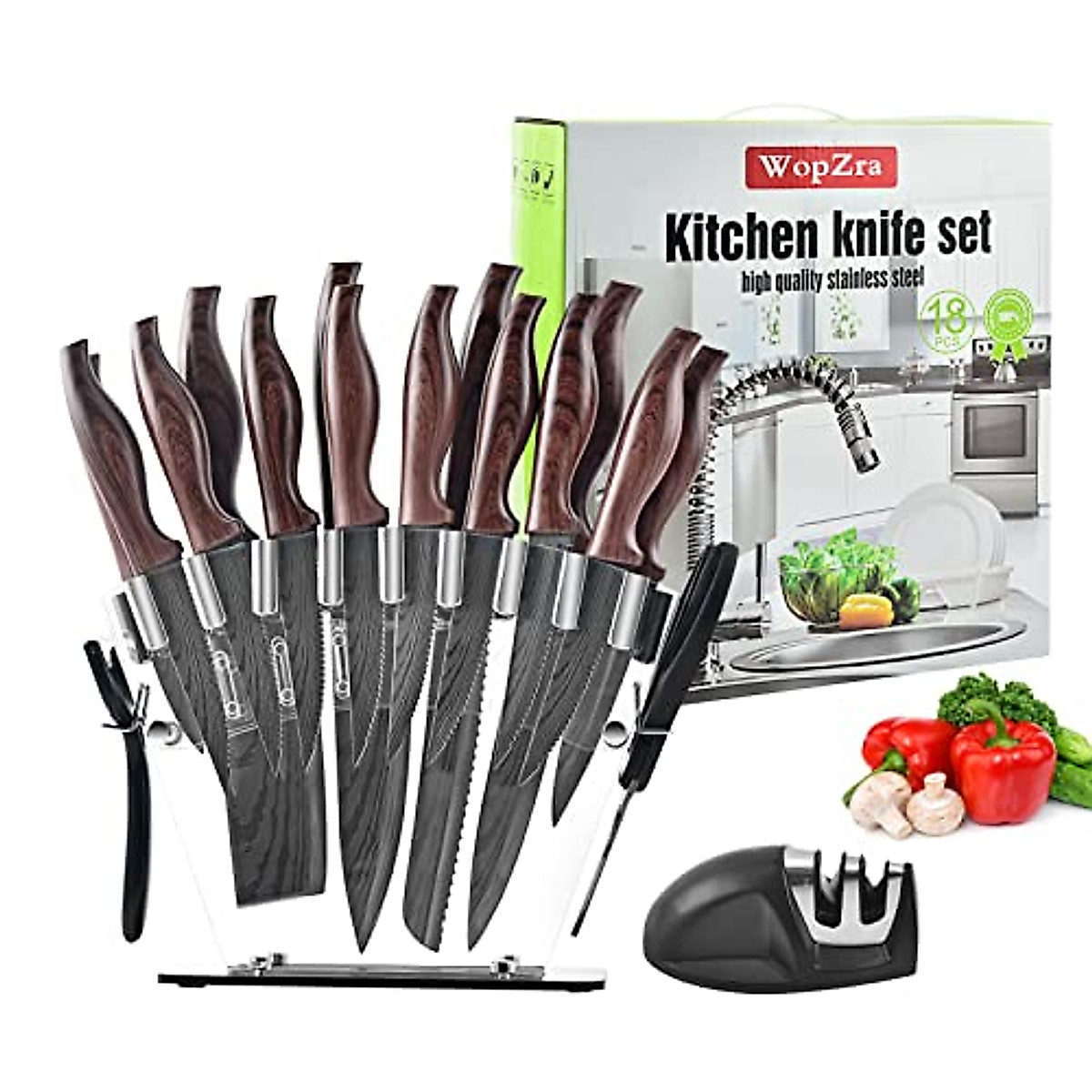 Damascus Steel Knife Set 18Pcs Non Stick Sharp Kitchen Knives Set with Acrylic Block, Cutlery Knives Block Set, Chef Quality, Best Gift (Coffee)