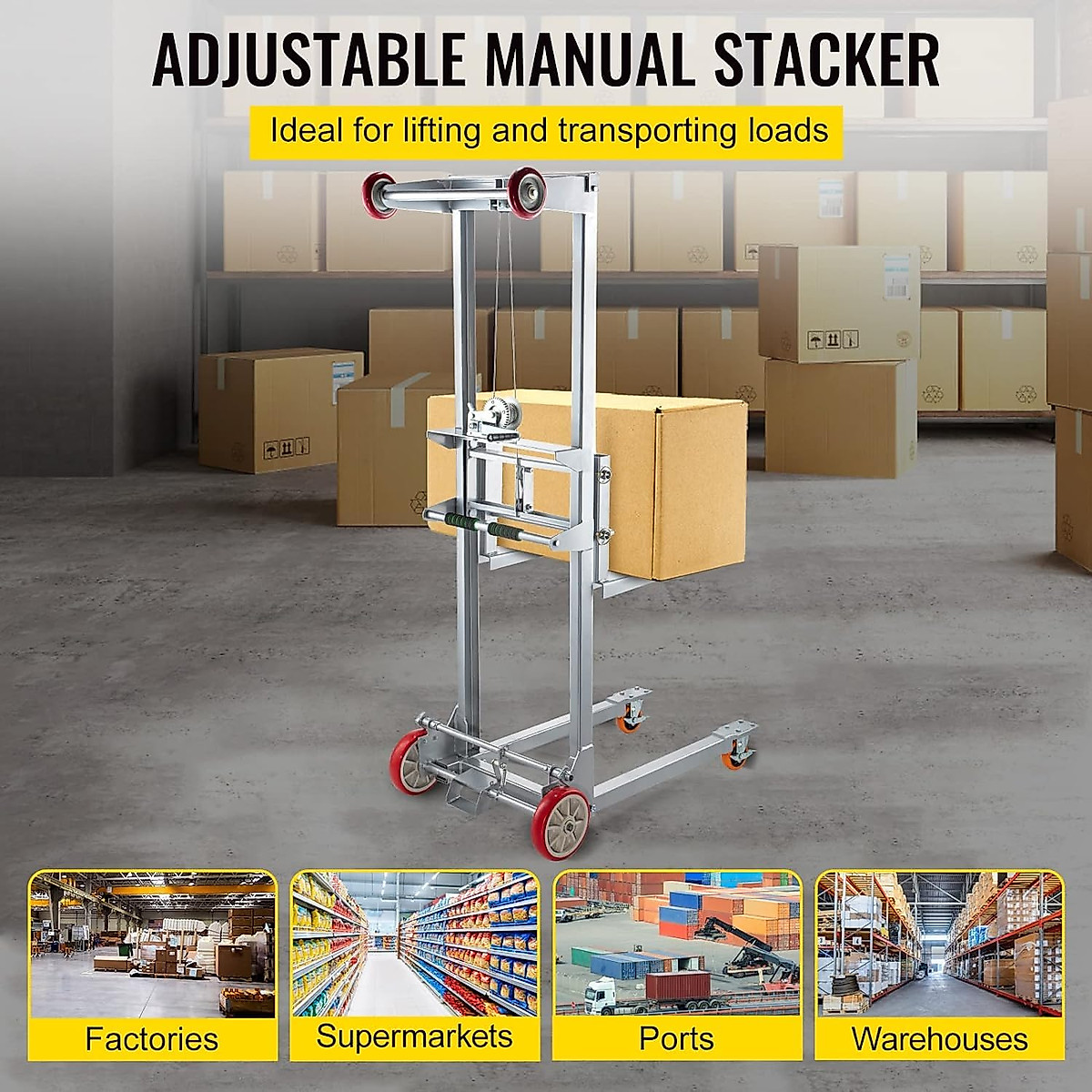 VEVOR 41.7" L x 25.8" W x 72.4" H Manual Winch Stacker, with 2.4" - 63" Height Range and 551 lbs Capacity, Adjustable Straddle Hand Winch Lift Truck, Material Lifts for Warehouse and Factory