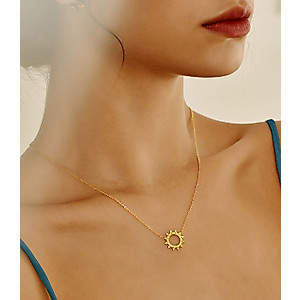 KristLand - 18k Gold Plated Dainty Layered Sun Necklace Pendant Short Cactus Choker Chain, Circle Layering Necklace,Star Handmade Gold Simple Necklace for Women A Sunshine Gold Color
