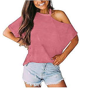 Women's Summer Fashion O-Neck Strapless Solid Short Sleeve Shirts Tops Loose T Shirt(Pink, M)
