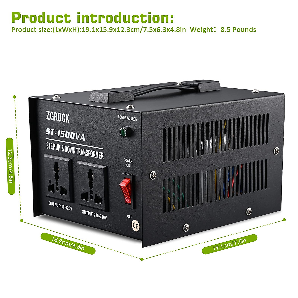 ZGROCK 1500W Voltage Converter Transformer Heavy Duty Step Up/Down- 110 / 220V- Circuit Breaker Protection
