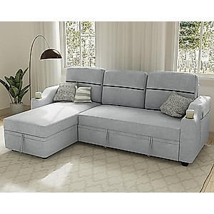 Ucloveria Sectional Sofa Couch, 82" Sleeper Sofa Bed with Reversible Storage Chaise Pull Out Couch Bed for Living Room L-Shape Lounge 2 in 1 Futon Sofa with Two Cup Holder, Grey