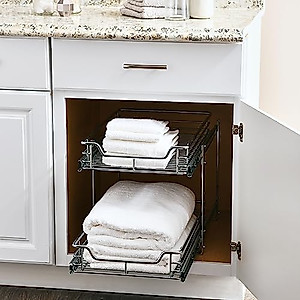 Household Essentials Glidez Slide Out Cabinet Organizer, 14.5” Wide, Durable Chrome-Plated Steel Frame, Dual Baskets and Smooth Glides, Heavy-Duty and Space-Optimizing, Simple Assembly and Installation, Chrome