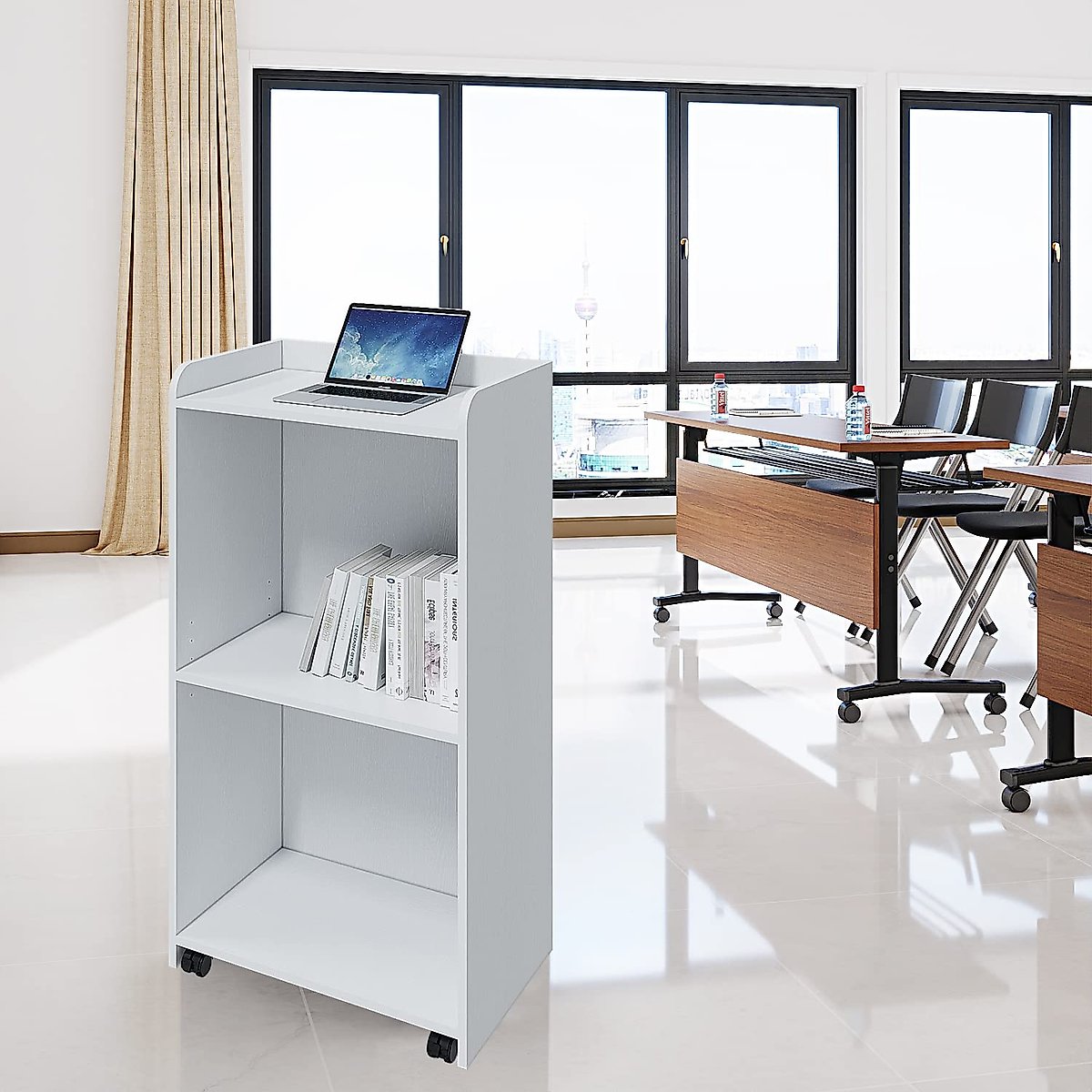 Panana Podium Stand - Hostess Stand with Wheels, Portable Podium Stand Reception Desk with Adjustable Shelf, Pulpits for Churches, Mobile Lectern Podium for Conference, Auditorium, Classroom, White