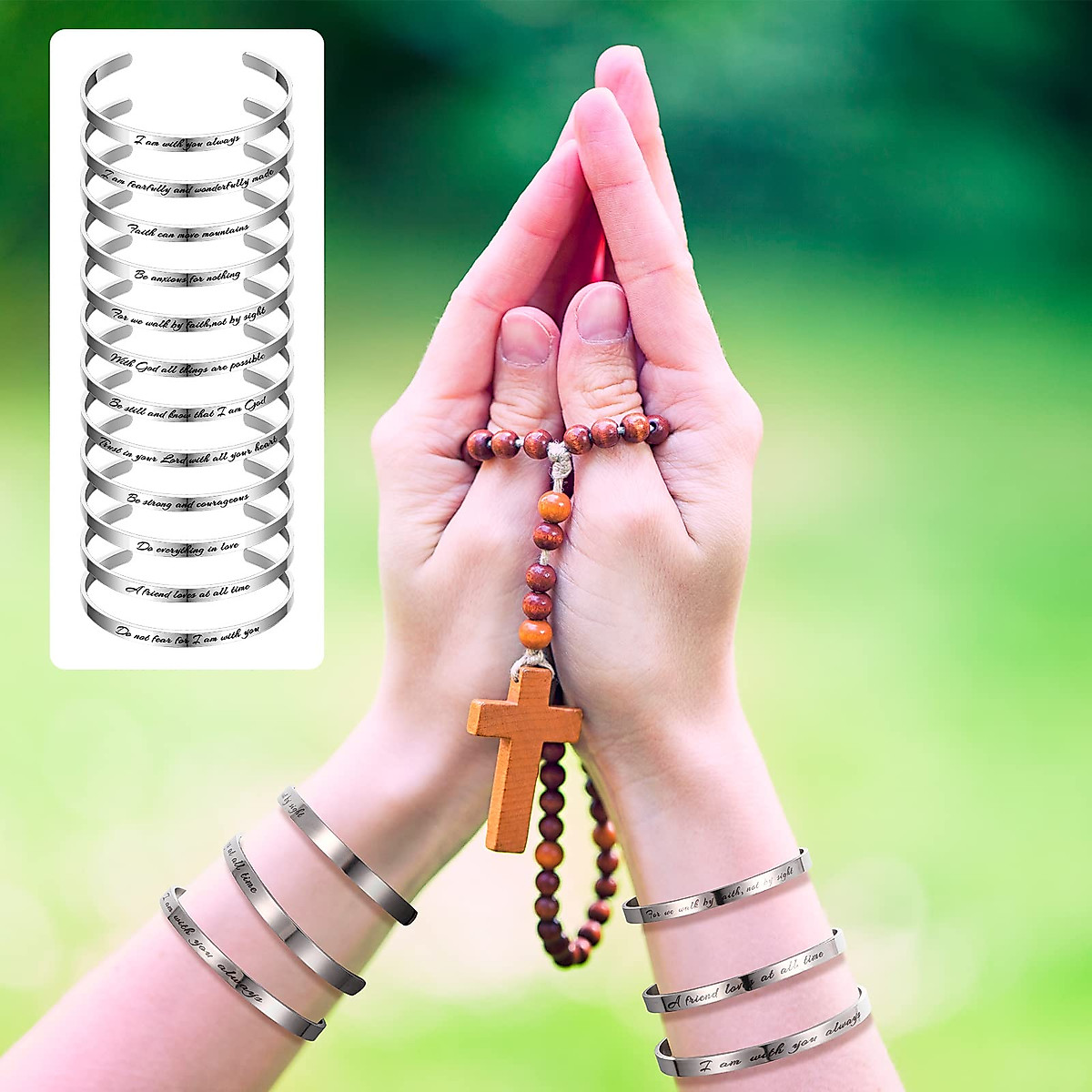 Funtery 12 Pcs Christian Bracelet Engraved Bible Verse Jewelry for Women Religious Baptism Gifts Inspirational Scripture Open Cuff Bangle Confirmation Gifts for Girls Friend Encouragement (Classic)