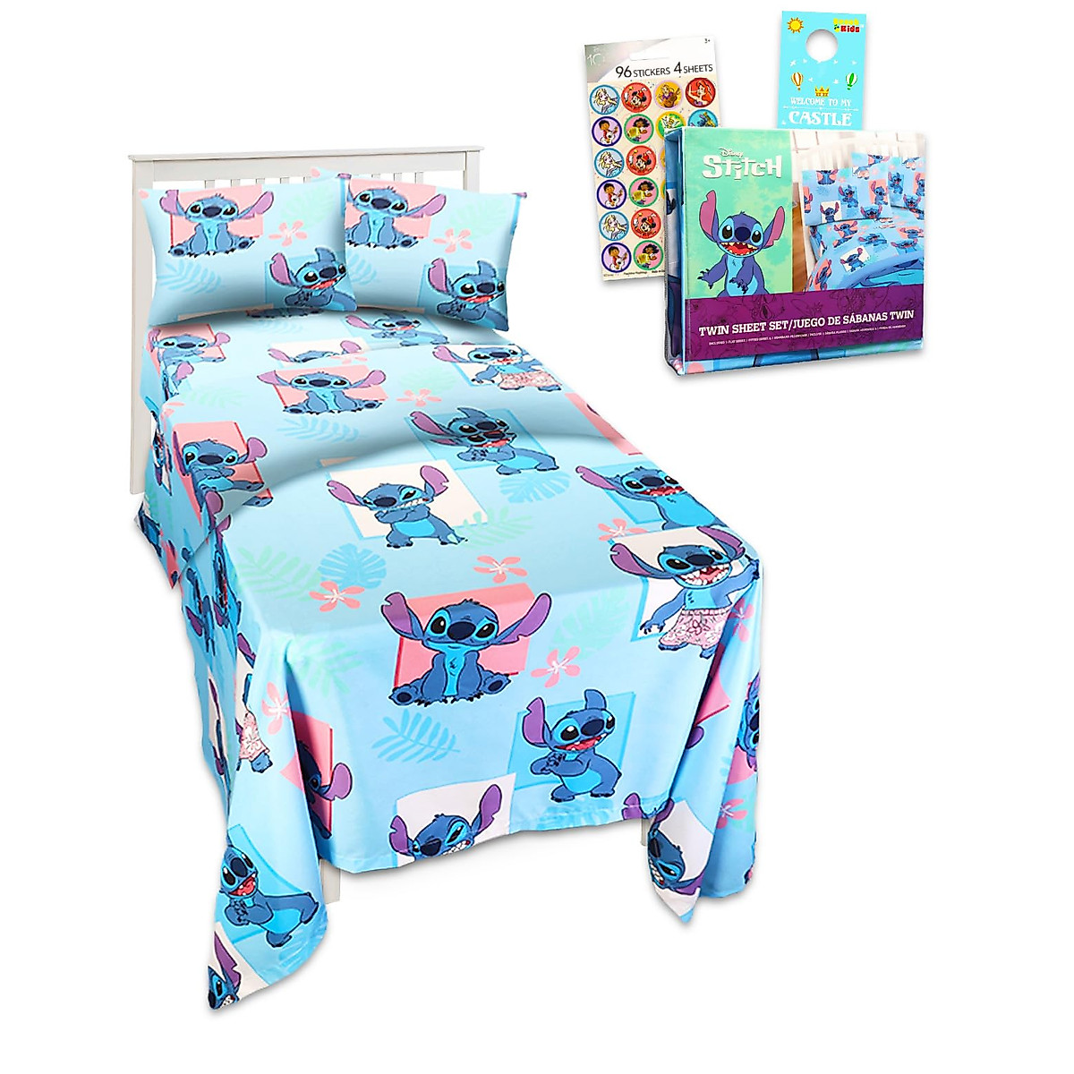 Stitch Twin Size Bedding Set for Toddlers - Lilo and Stitch Twin Bedding Bundle Includes Stitch Sheets with Flat Sheet, Fitted Sheet, and Pillowcase for Twin Bed Plus Stickers | Stitch Bedroom Decor